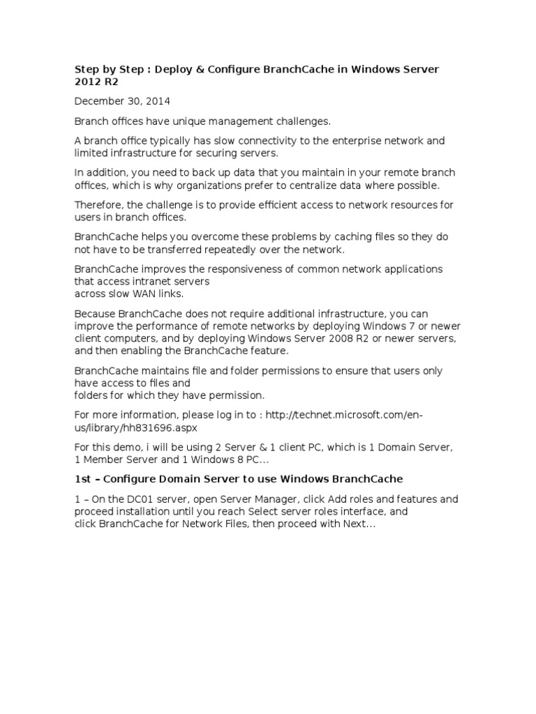 BranchCache-Windows Server 2012R2 Step by Step | PDF | Group Policy | Server (Computing)