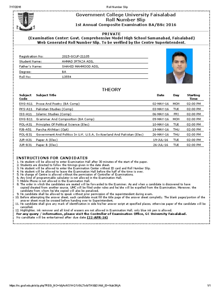 Government College University Faisalabad Roll Number Slip: 1St Annual ...