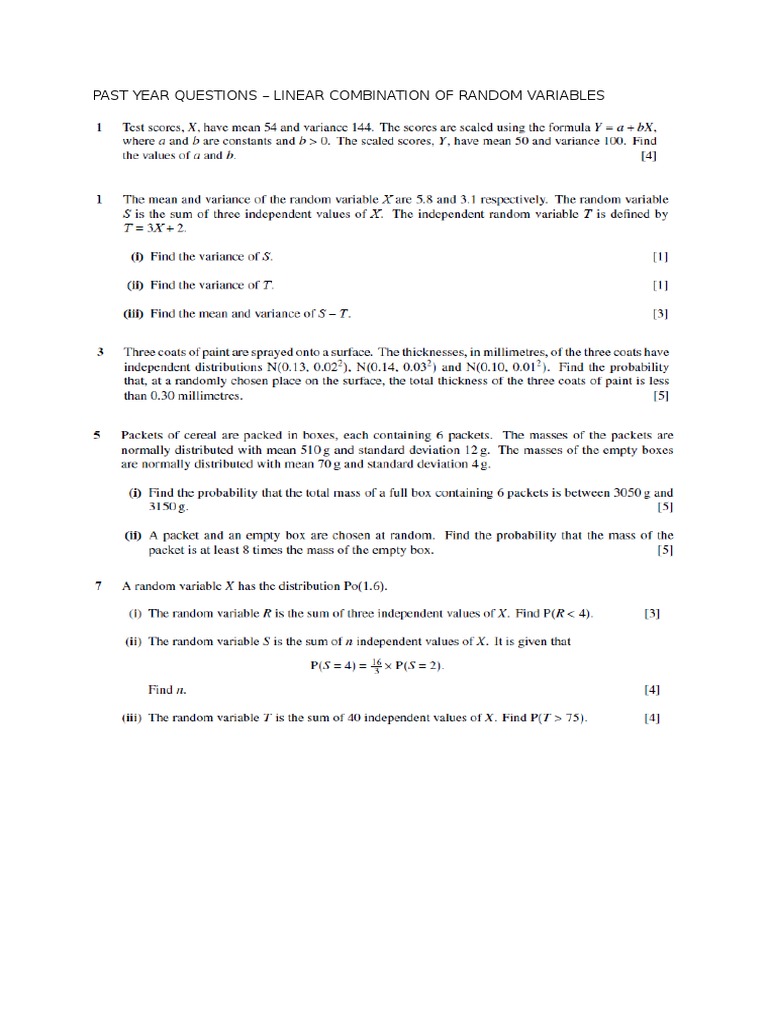 Past Year Questions - Linear Combination of Random Variables | PDF