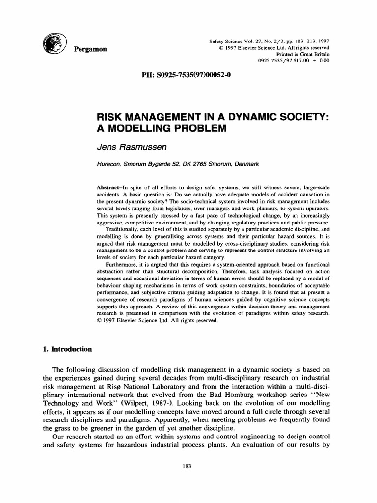 Risk Management in A Dynamic Society A Modelling Problem 1997 Safety ...