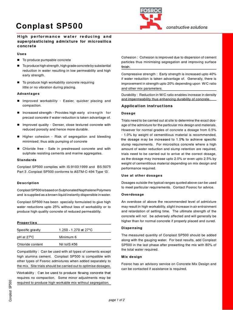Conplast SP500 | PDF | Concrete | Building Engineering