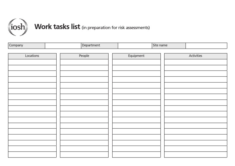 Work Tasks List: (In Preparation For Risk Assessments) | PDF