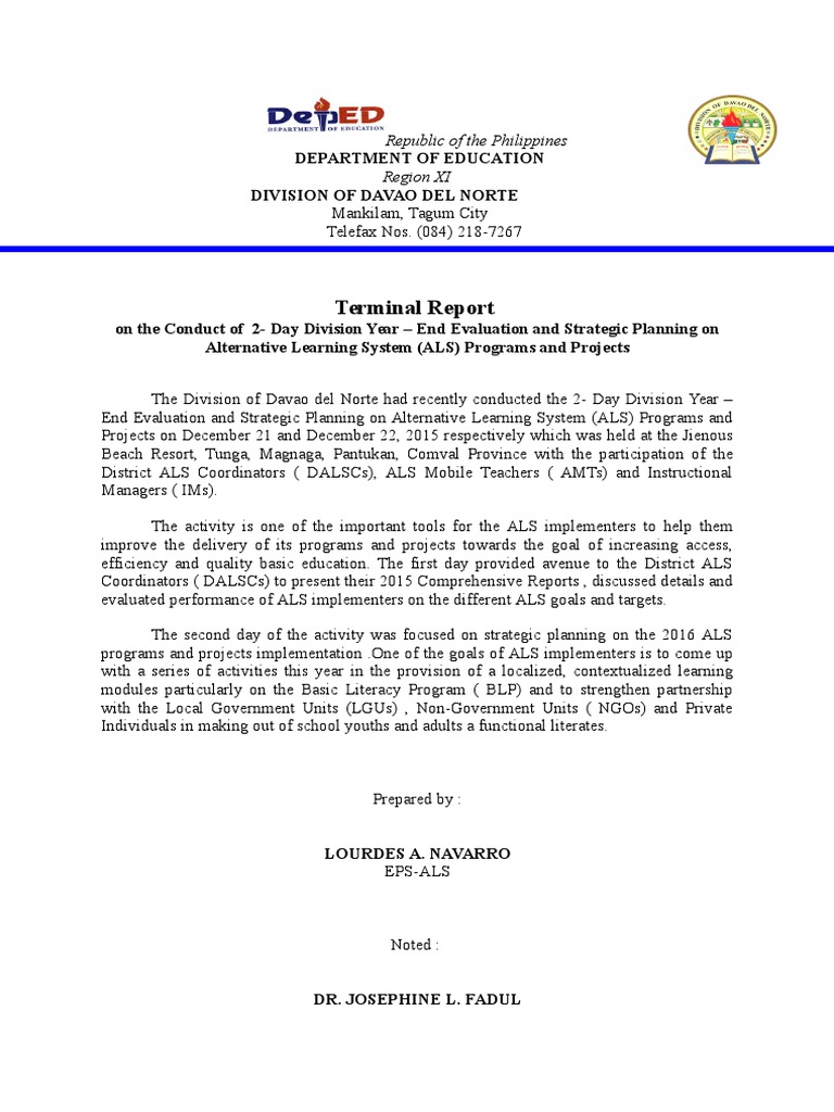 Terminal Report On The Conduct of Year End Evaluation | PDF | Literacy ...