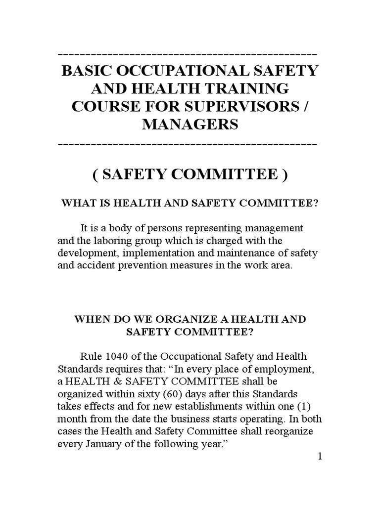 Basic Occupational Safety and Health Training Course for Supervisors ...