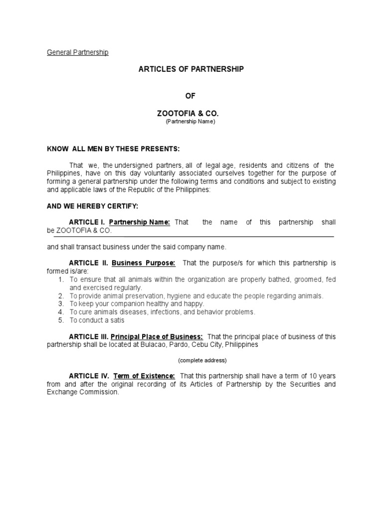 Articles of Partnership For General Partnerships | PDF | Partnership ...