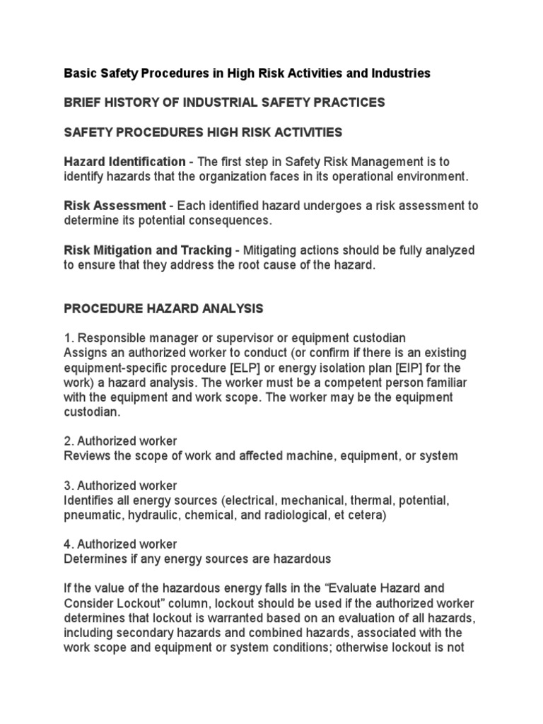 Basic Safety Procedures in High Risk Activities and Industries | PDF ...