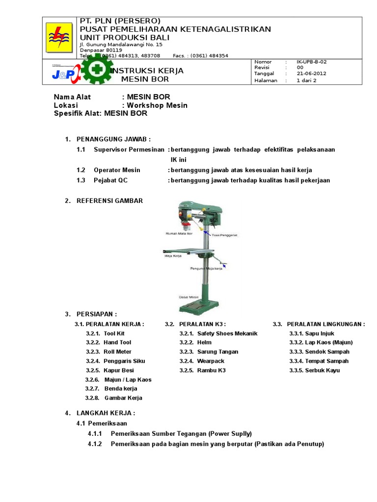 Instruksi Kerja Mesin Bor Duduk | PDF