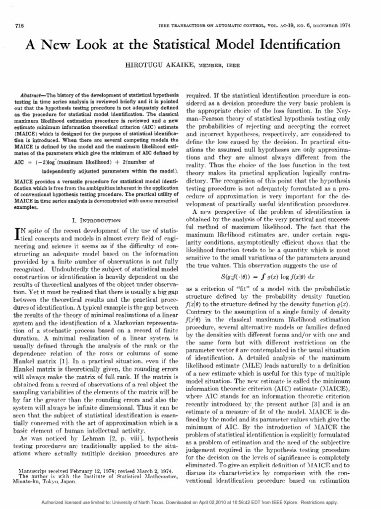 A New Look at The Statistical Model Identification PDF | PDF | Akaike ...