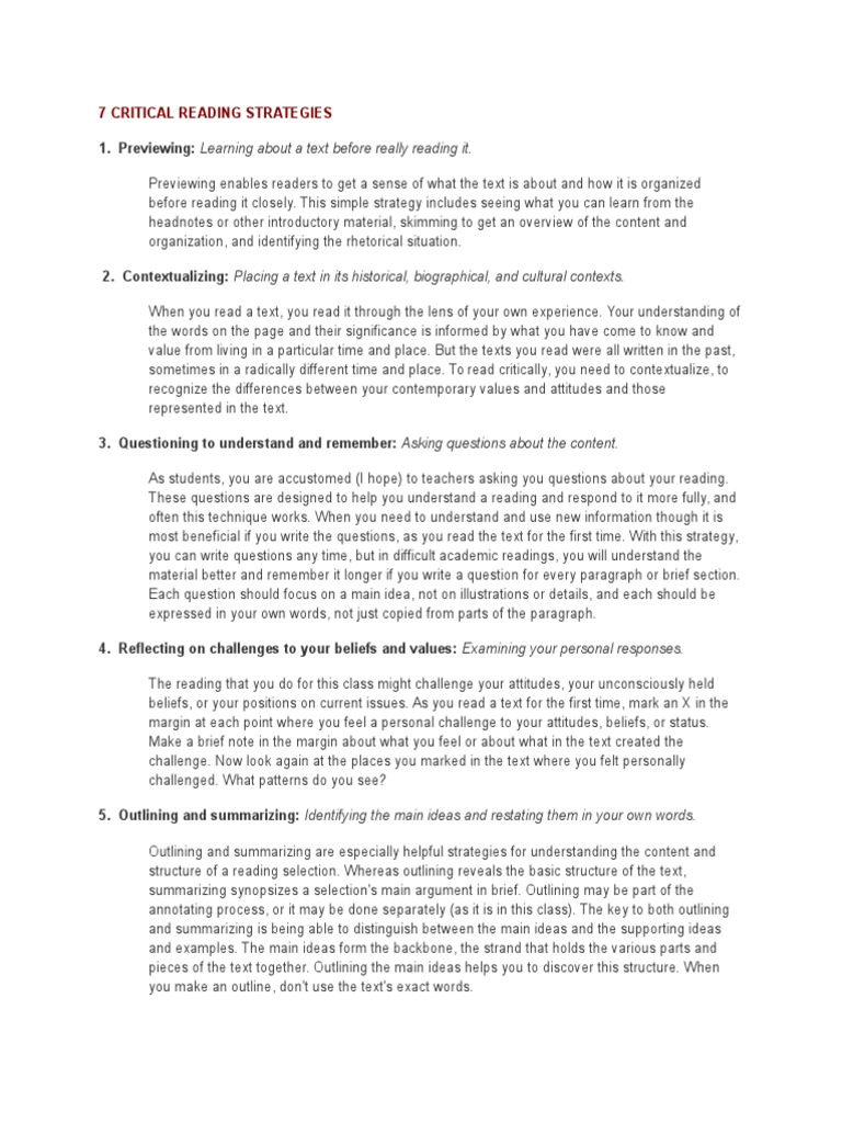 7 Critical Reading Strategies to Deeply Understand Texts | PDF ...