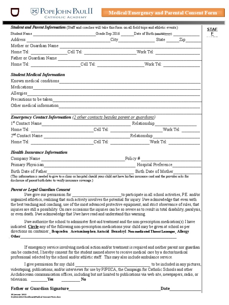Medical Emergency Consent Form | PDF | Parent | Relationships