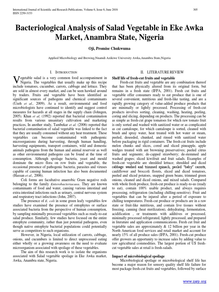 Bacteriological Analysis of Salad Vegetable in Eke Awka Market, Anambra ...
