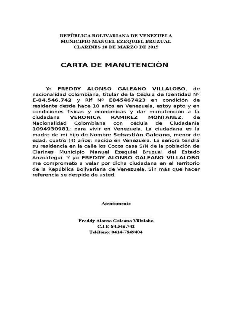 Carta de Manutención en Venezuela | PDF