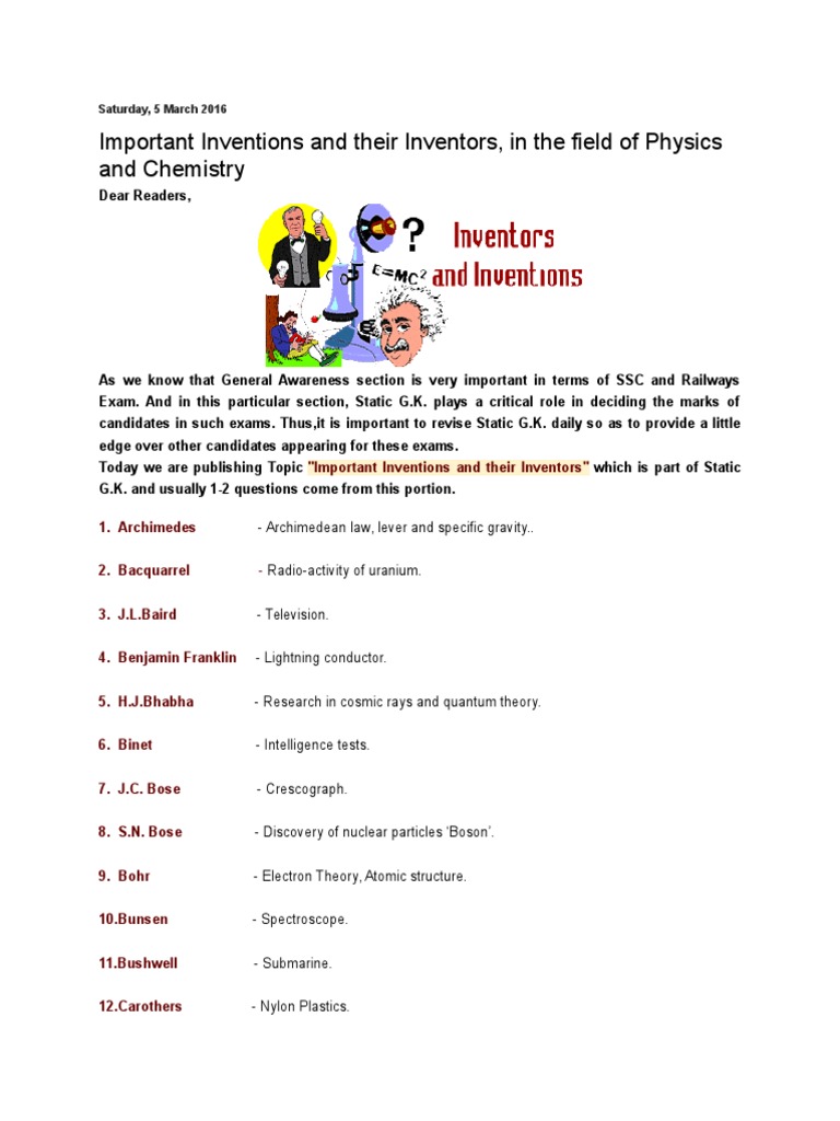 Important Inventions and their Inventors in Physics and Chemistry | PDF