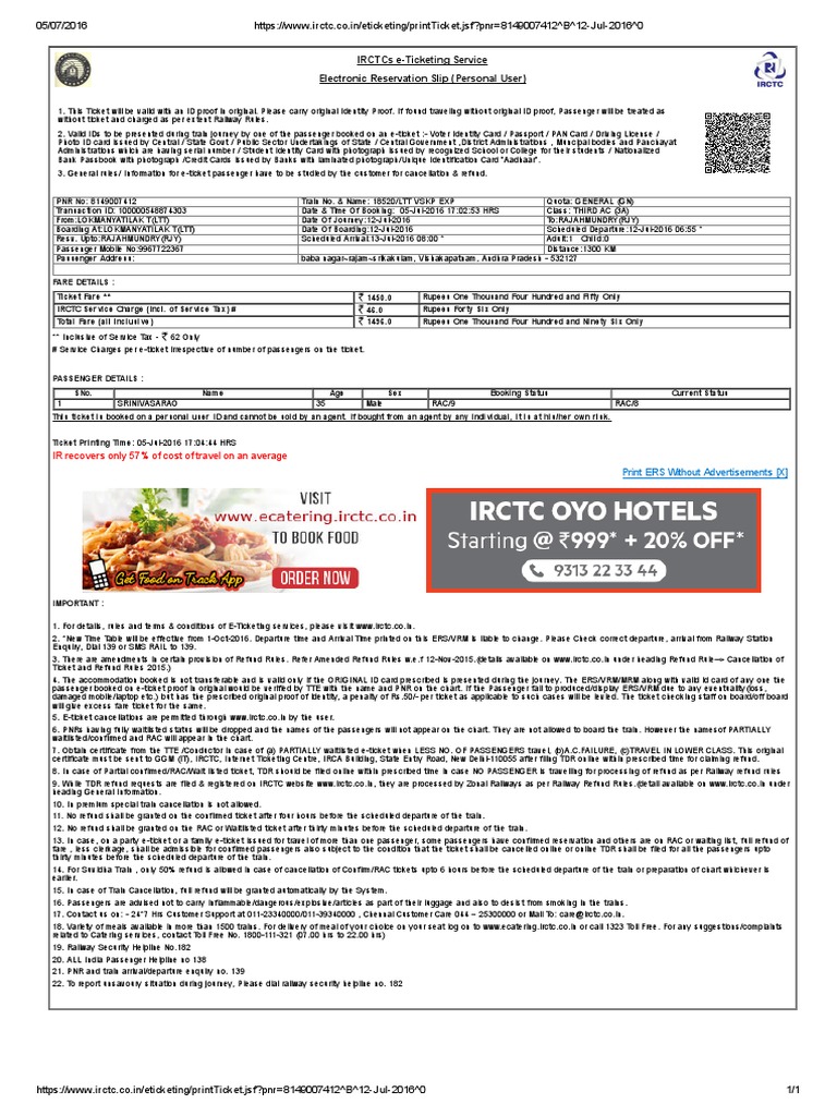 Electronic Reservation Slip for Domestic Train Travel from ...
