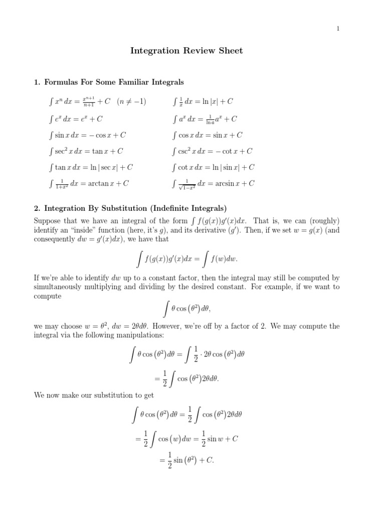 Integration Review Sheet: N X n+1 1 X X X X 1 Lna X | PDF | Integral | Trigonometric Functions