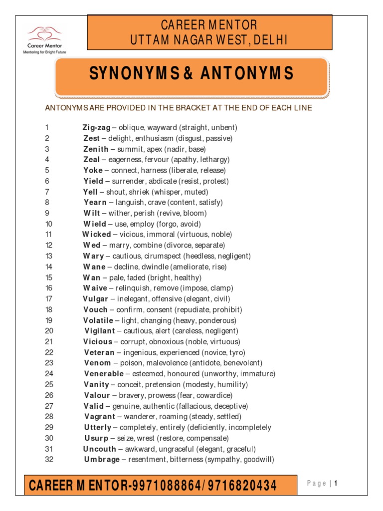Synonyms & Antonyms: Career Mentor Uttam Nagar West, Delhi | PDF ...