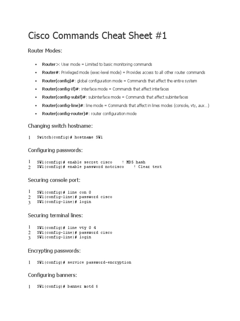 Cisco Commands Cheat Sheet | PDF | Ip Address | Routing
