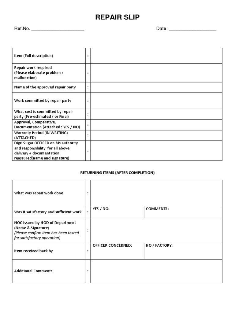 Repair Slip: Ref - No. - Date | PDF | Finance & Money Management