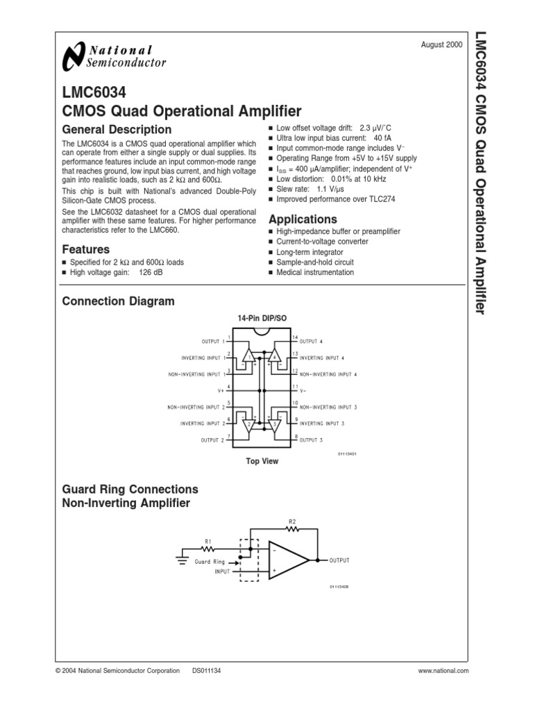LMC6034 CMOS Quad Operational Amplifier: General Description | PDF ...