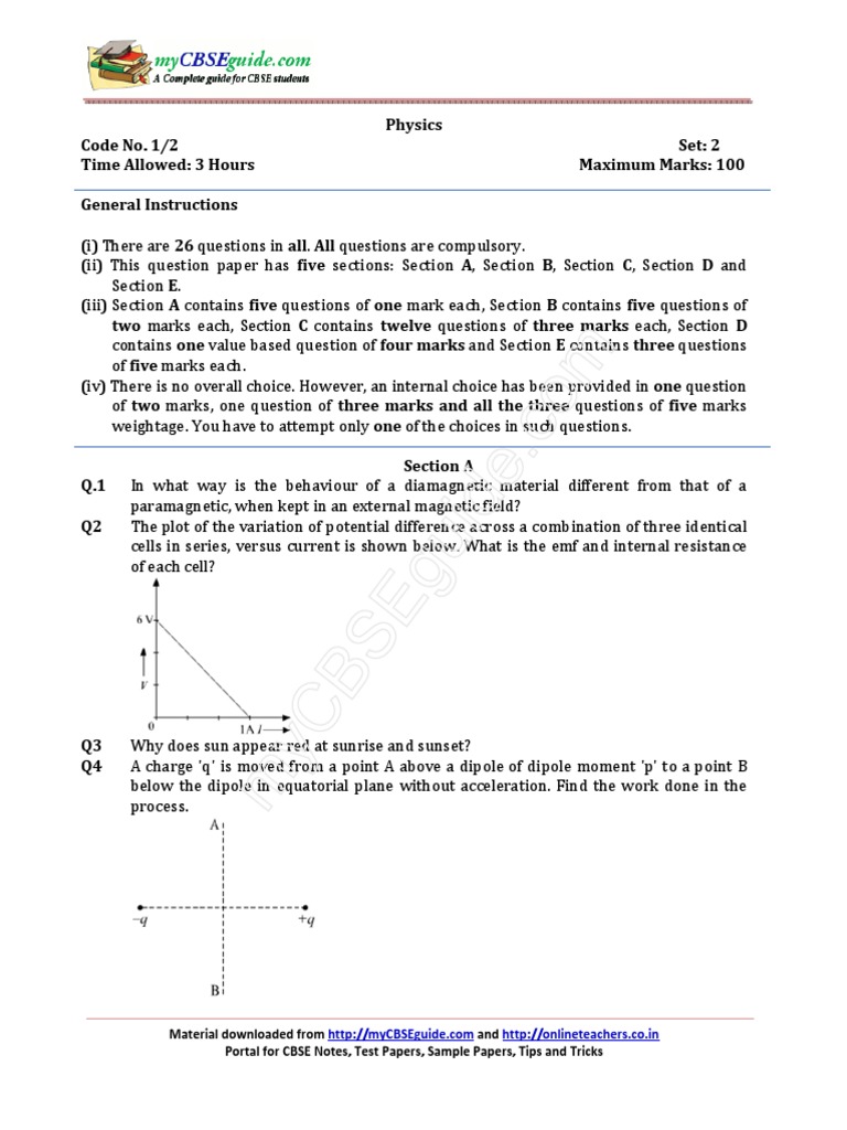 Physics Code No. 1/2 Set: 2 Time Allowed: 3 Hours Maximum Marks: 100 ...