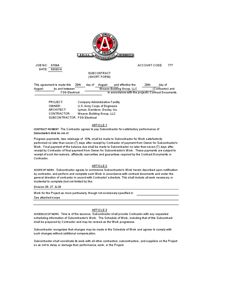agc shortform subcontractor agreement form | Indemnity | General Contractor