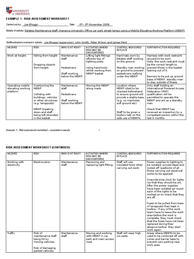 Completed Example of a Risk Assessment - Example 1 (1) | Street Light ...