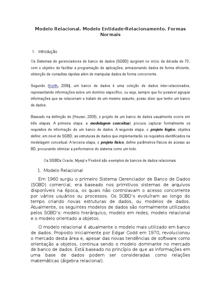 Tema 2 - Modelo Relacional. Modelo Entidade-Relacionamento. Formas ...