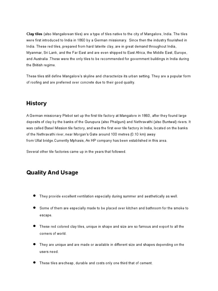 History: Clay Tiles (Also Mangalorean Tiles) Are A Type of Tiles Native ...