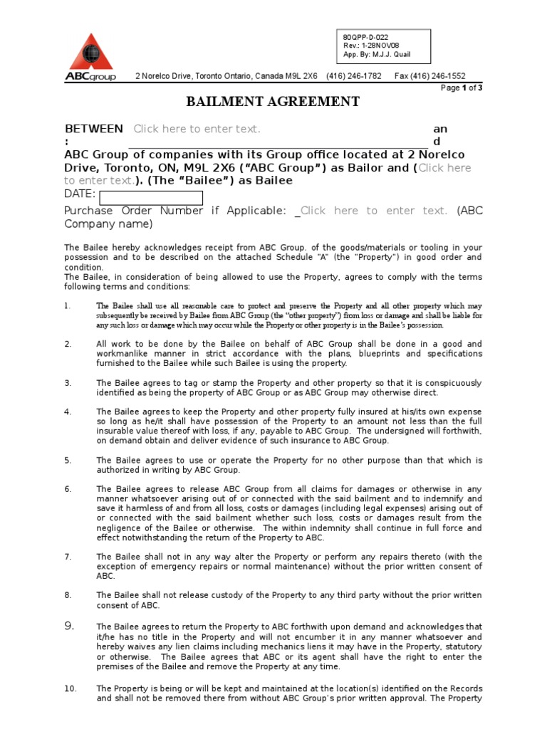 Bailment Agreement 80 QPP D 022 | PDF | Indemnity | Business Law