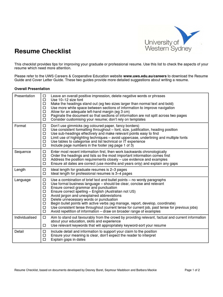 Resume Checklist: Overall Presentation | PDF | Résumé | Communication
