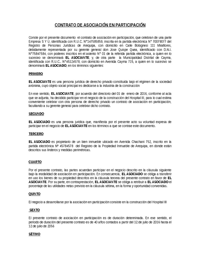 Contrato de Asociación en Participación (Modelo) | Contabilidad | Propiedad Contrato de Asociación en Participación (Modelo) | Contabilidad | Propiedad