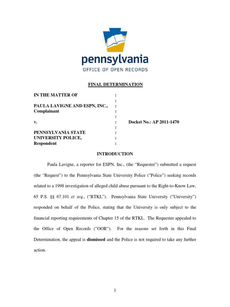 ESPN Vs Pennsylvania State University Police RTKL Denial | PDF ...