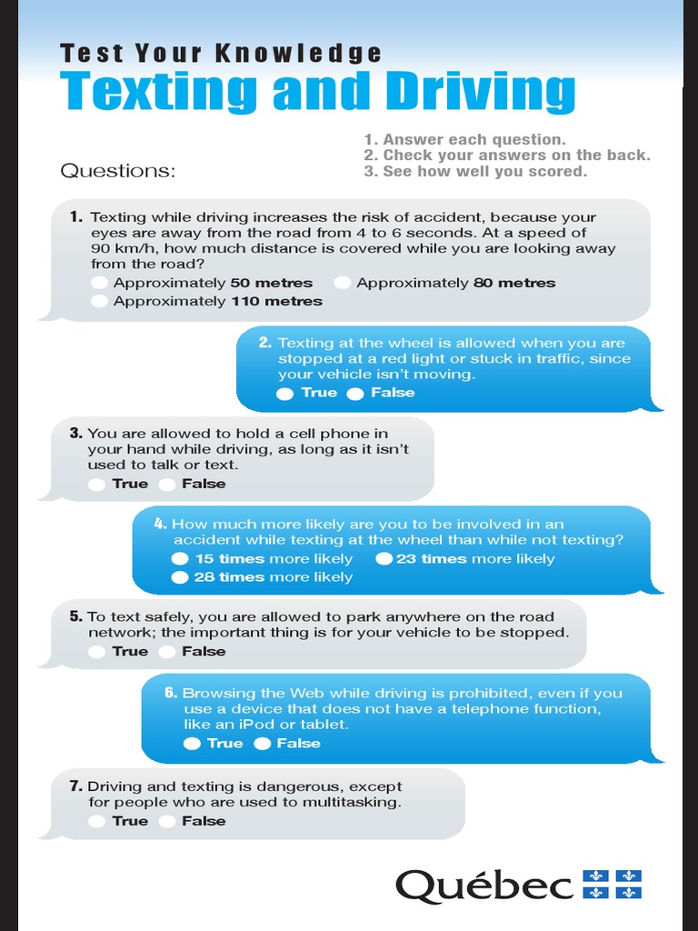 Test Knowledge Texting Driving | PDF | Text Messaging | Traffic