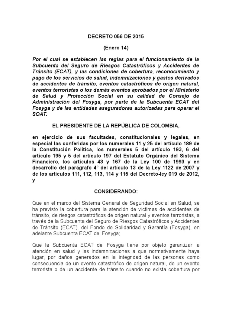 Decreto 056 de 2015 | PDF | Seguro | Póliza de seguros