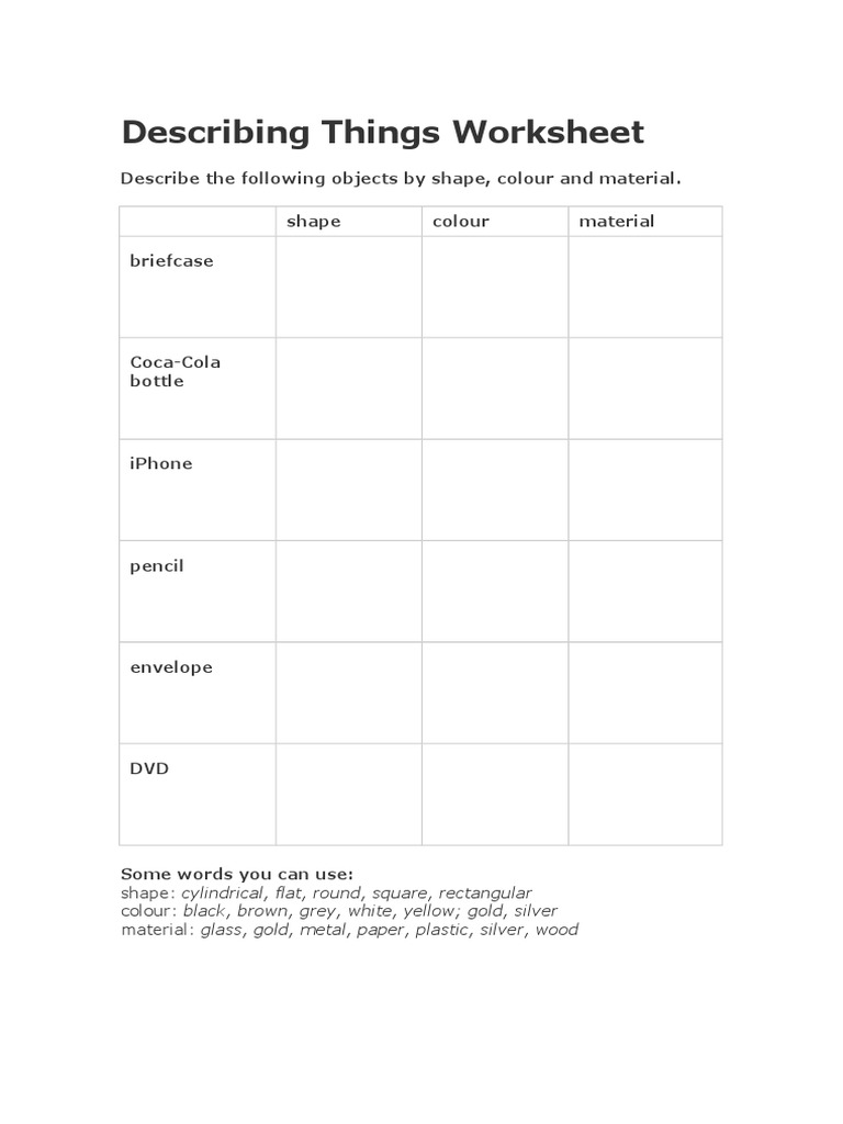 Describing Things Worksheet | PDF | Materials | Nature