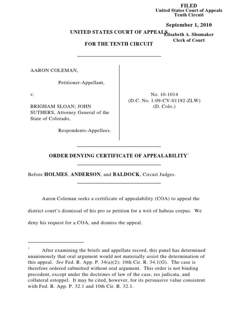 Coleman v. Sloan, 10th Cir. (2010) | PDF | Certiorari | Antiterrorism ...