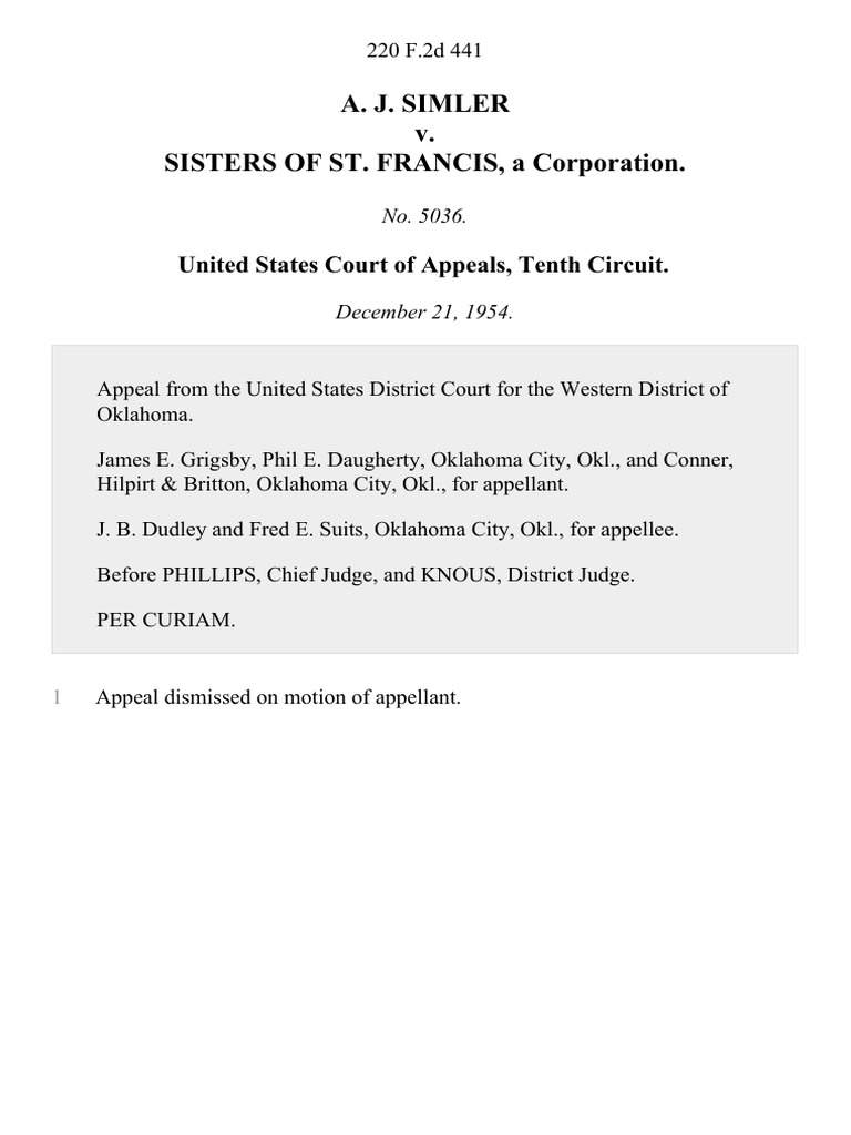 A. J. Simler v. Sisters of St. Francis, A Corporation, 220 F.2d 441 ...