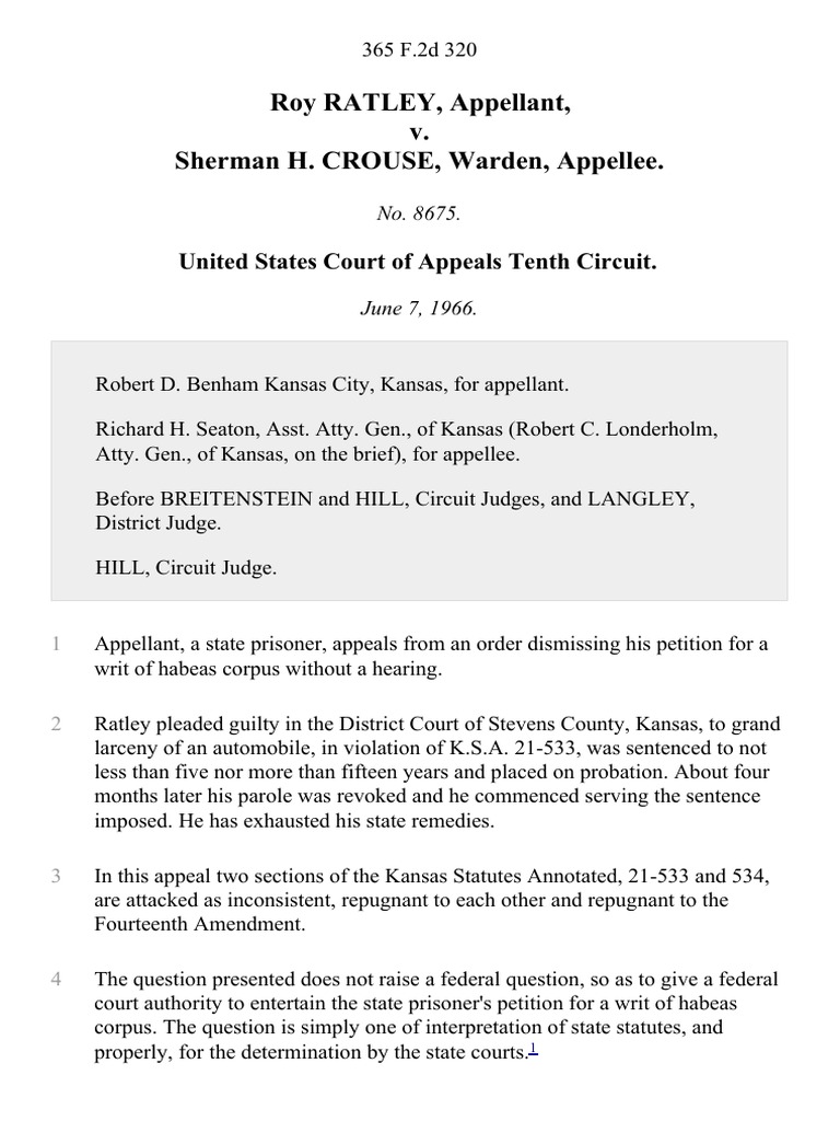 Roy Ratley v. Sherman H. Crouse, Warden, 365 F.2d 320, 10th Cir. (1966 ...