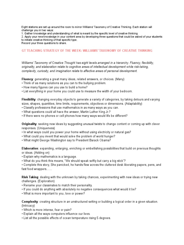 Williams' Taxonomy of Creative Thinking | PDF | Creativity | Thought