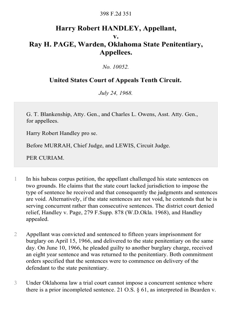 Harry Robert Handley v. Ray H. Page, Warden, Oklahoma State ...