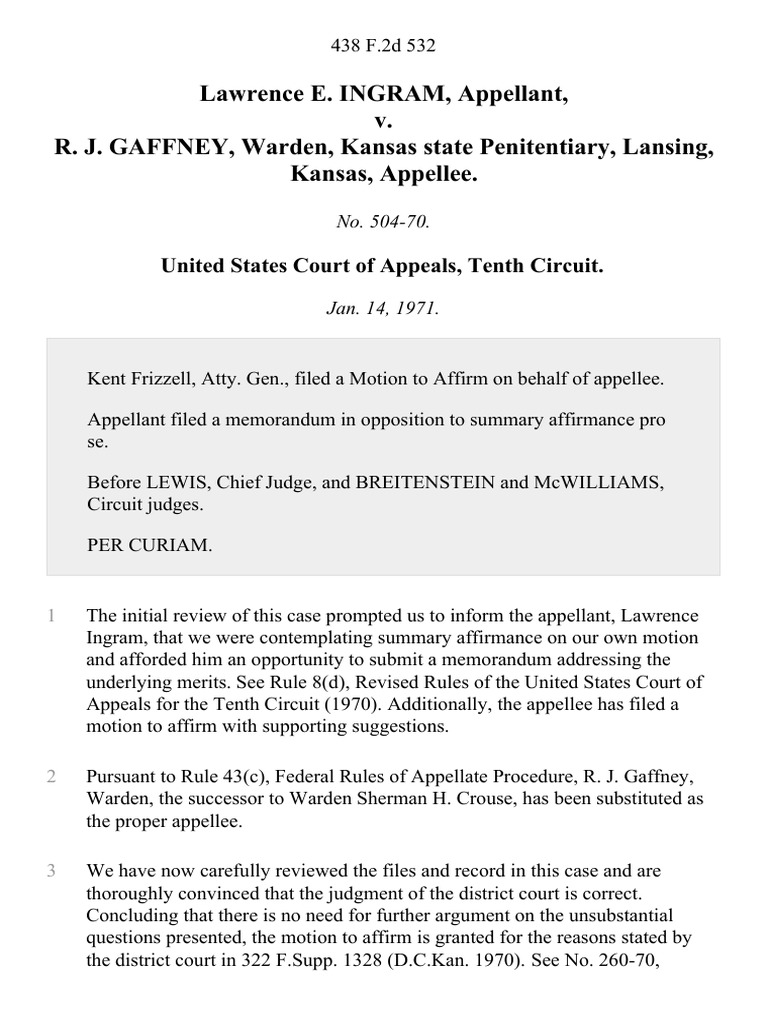 Lawrence E. Ingram v. R. J. Gaffney, Warden, Kansas State Penitentiary ...