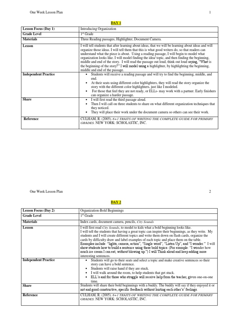 One Week Lesson Plan | Download Free PDF | Lesson Plan | Reading (Process)