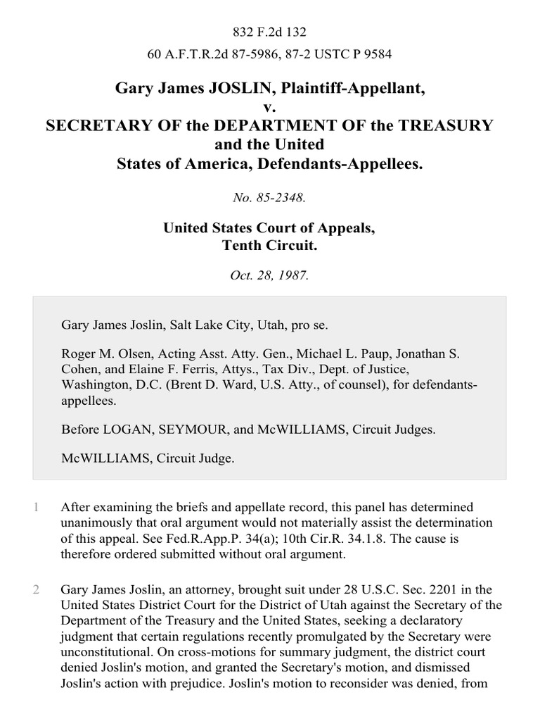 Gary James Joslin v. Secretary of The Department of The Treasury and ...