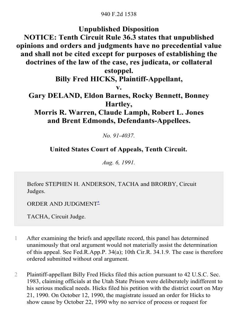 Billy Fred Hicks v. Gary Deland, Eldon Barnes, Rocky Bennett, Bonney ...