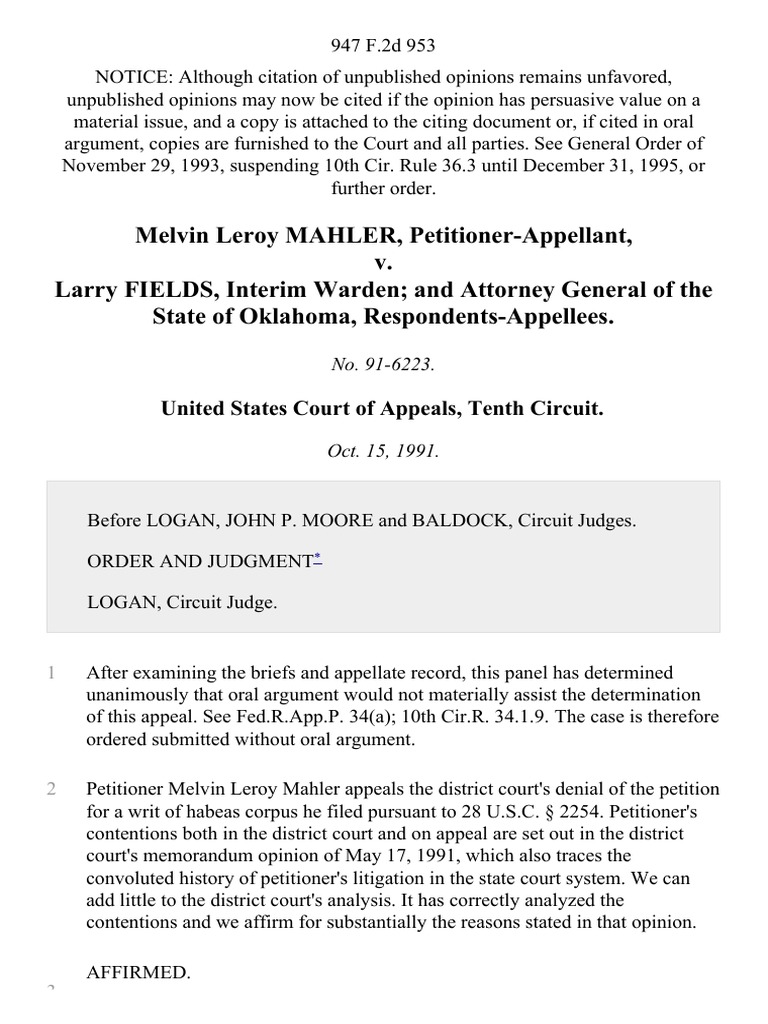 Melvin Leroy Mahler v. Larry Fields, Interim Warden and Attorney ...