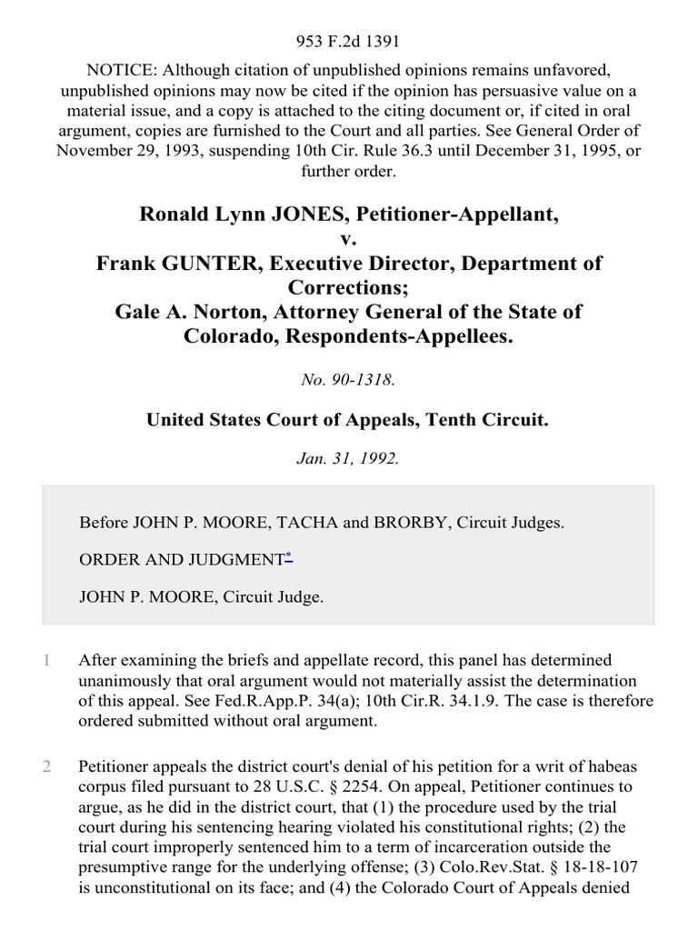 Ronald Lynn Jones v. Frank Gunter, Executive Director, Department of ...
