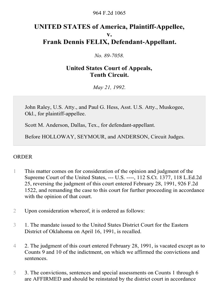 United States v. Frank Dennis Felix, 964 F.2d 1065, 10th Cir. (1992) | PDF
