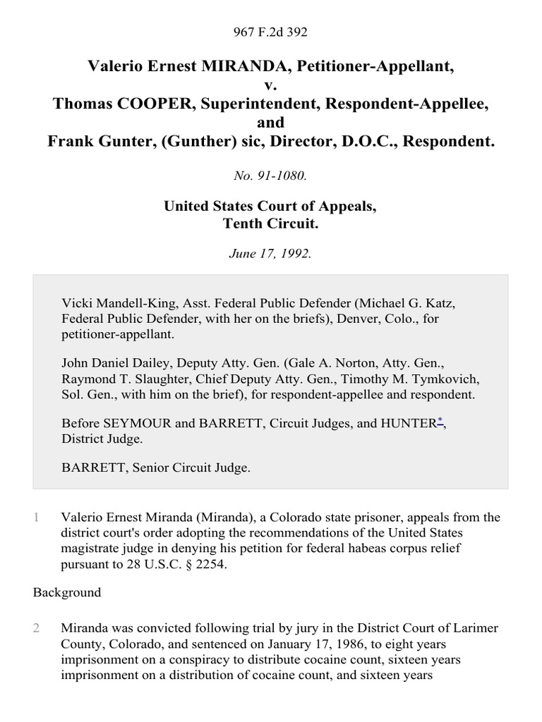 Valerio Ernest Miranda v. Thomas Cooper, Superintendent, and Frank ...