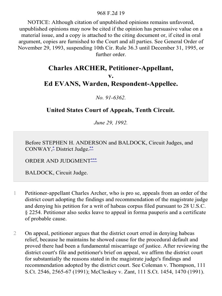 Charles Archer v. Ed Evans, Warden, 968 F.2d 19, 10th Cir. (1992) | PDF