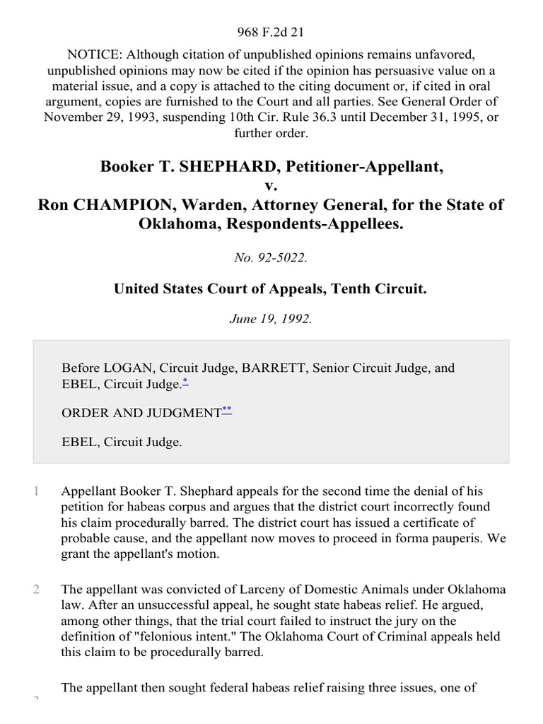 Booker T. Shephard v. Ron Champion, Warden, Attorney General, For The ...